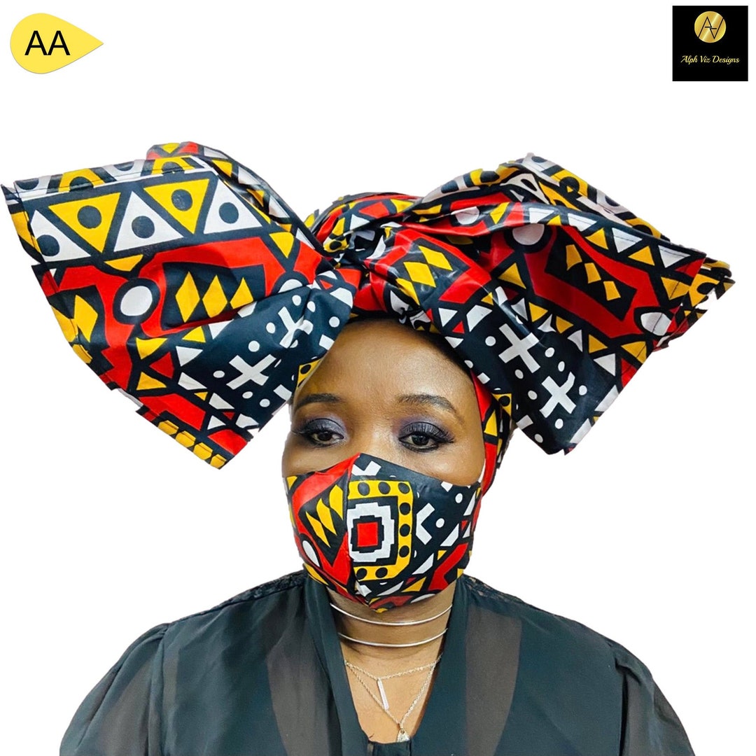 Ankara Face Mask With Head Wrap Set for Women Made From Ankara Kente ...
