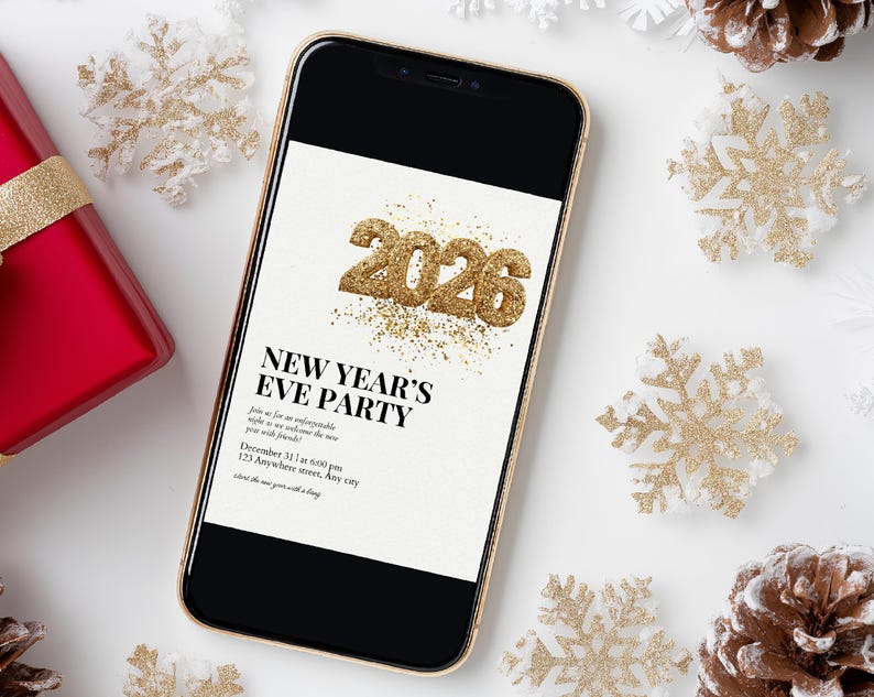 New Year's Eve Party Invitation, NYE 2026, Gold Glitter, Editable ...