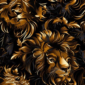 Seamless Patterns Golden Lions Leo Astrology Black and Gold Fancy ...