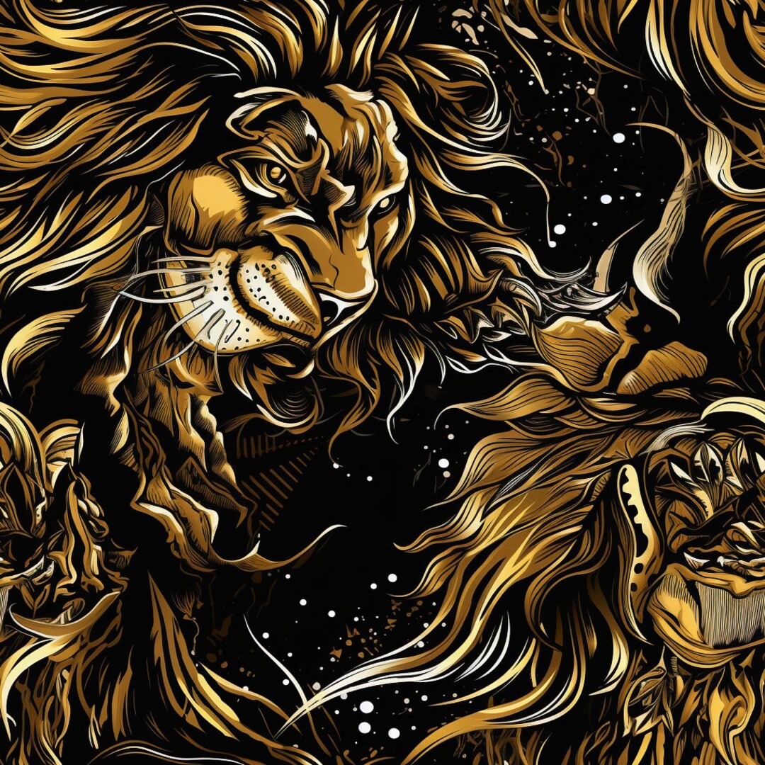 Seamless Files Golden Lions Leo Astrology Black and Gold Fancy Digital ...