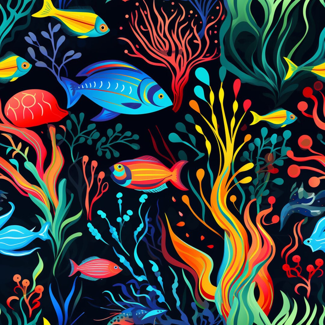 Colorful Fish Graffiti Seamless Pattern: Aquarium Digital Paper (PNG ...