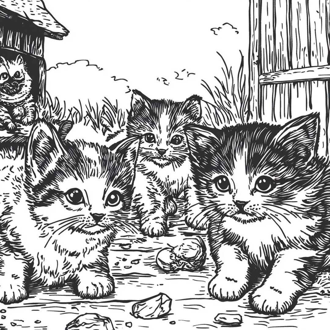 Sleepy Farm Cat Kittens Printable Coloring Pages | PNG Format | Instant ...