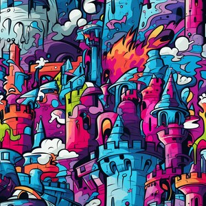PNG Seamless Patterns Graffiti Castles Digital Paper 5 Designs Colorful ...