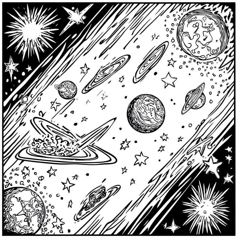 Space Coloring Pages: Stars, Planets, Galaxies (PNG, Instant Download ...