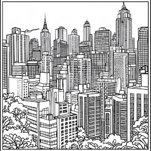City Skyline Coloring Pages | Printable PNG | Instant Download | 5 ...