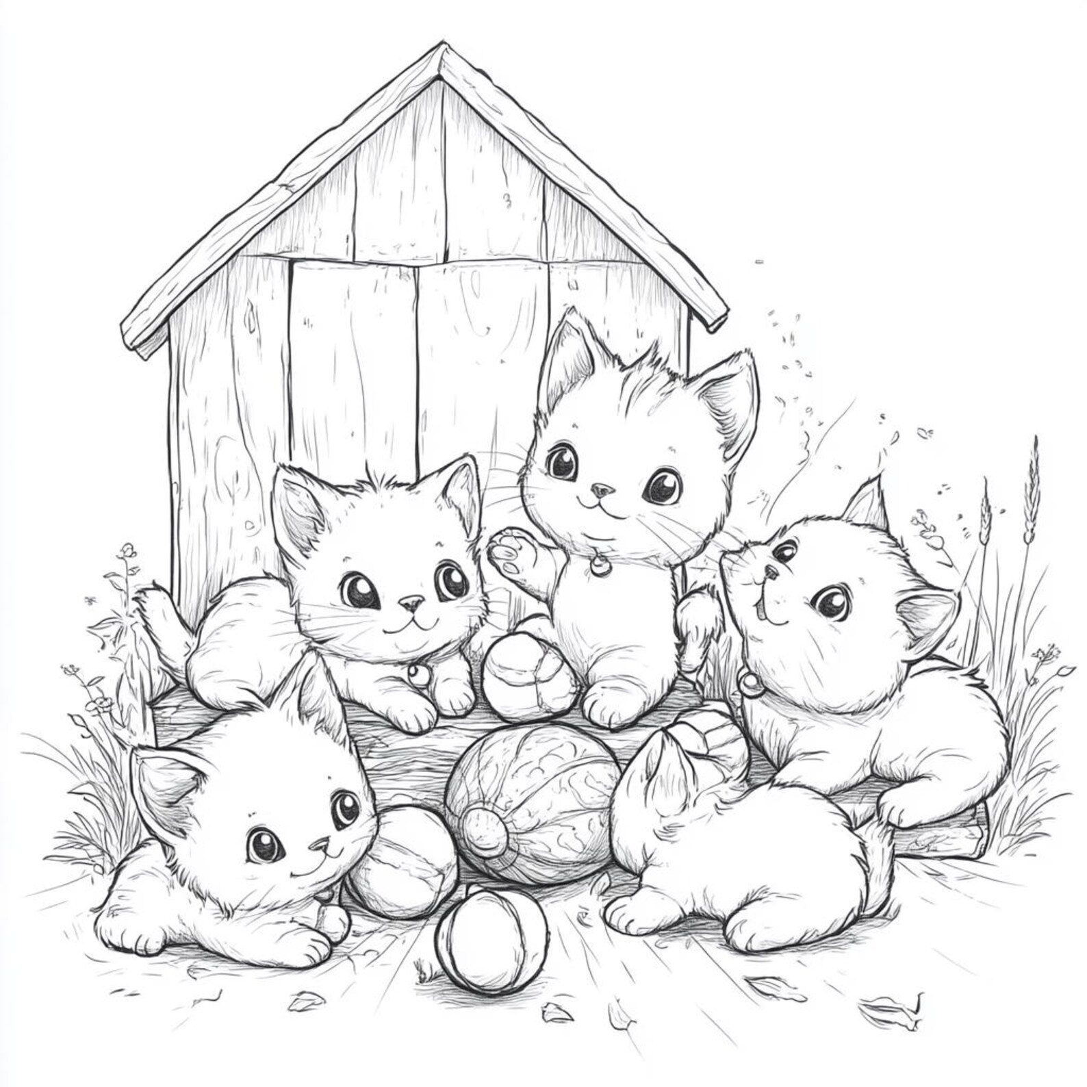 Sleepy Farm Kittens Coloring Pages | Printable PNG, 5 Designs (digital ...