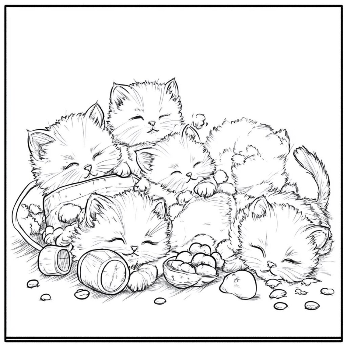 Sleepy Farm Kittens Coloring Pages | Printable PNG, 5 Designs (digital ...