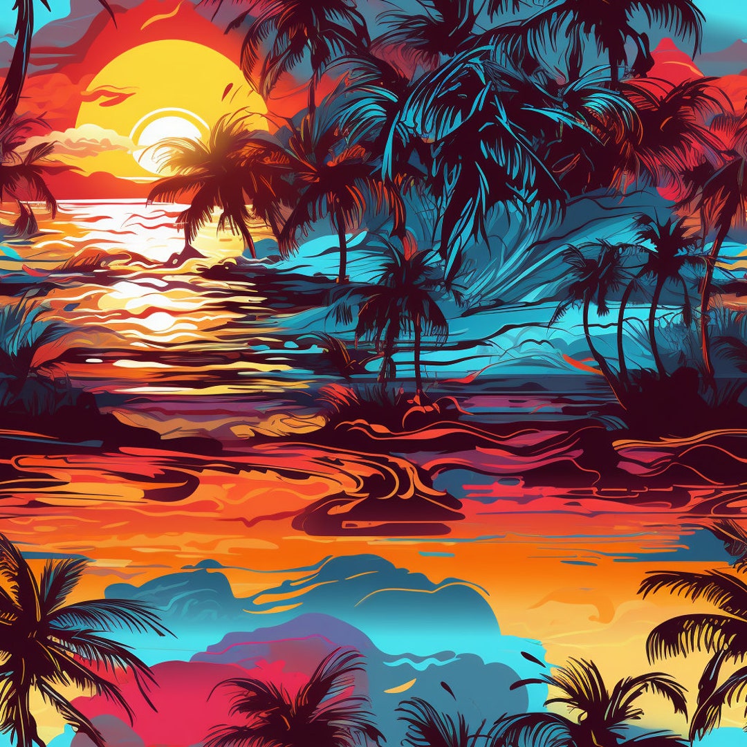 Seamless Files Tropical Island Sunset Colorful Graffiti Digital ...