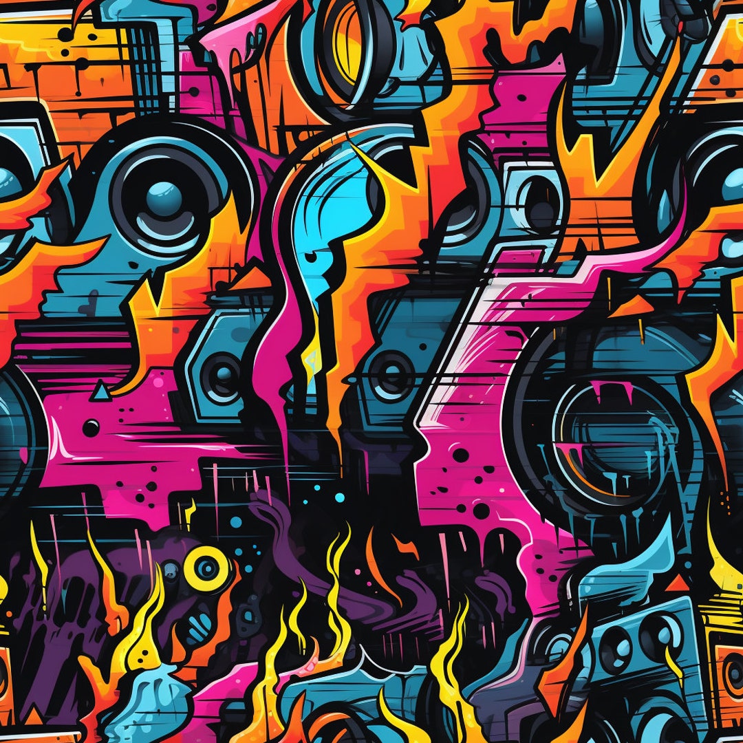 Retro Sound Waves Graffiti Seamless Pattern: Colorful Audio Designs ...