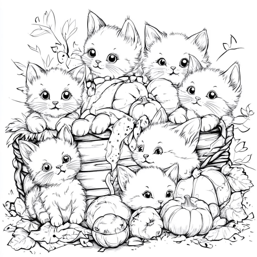 Sleepy Farm Cat Kittens Printable Coloring Pages | PNG Format | Instant ...
