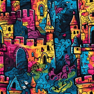 PNG Seamless Patterns Graffiti Castles Digital Paper 5 Designs Colorful ...