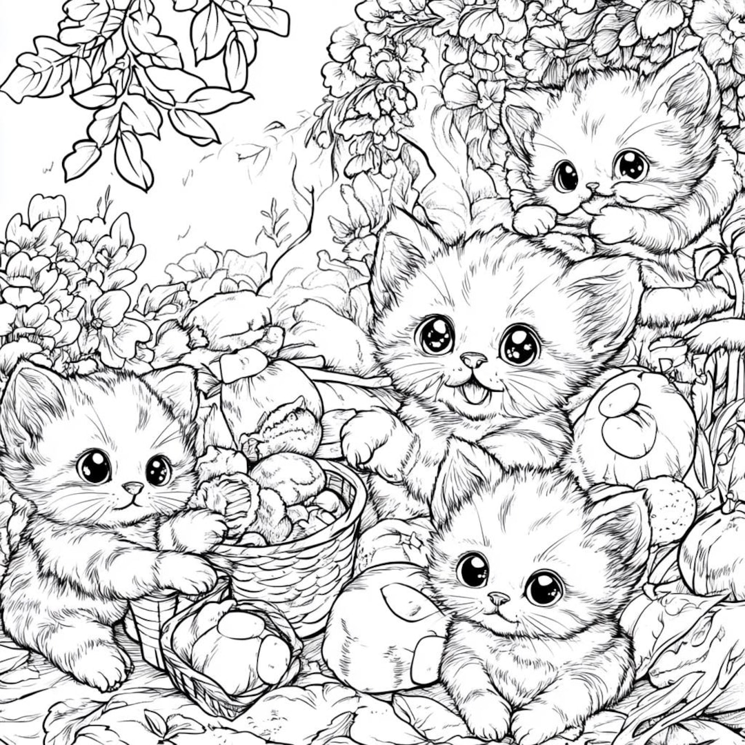 Sleepy Farm Cat Kittens Printable Coloring Pages | PNG Format | Instant ...