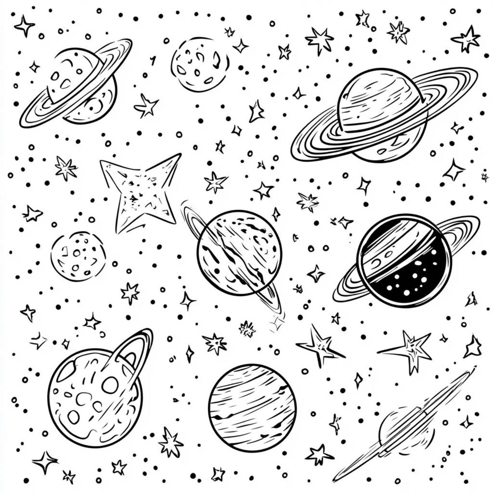 Space Coloring Pages: Stars, Planets, Galaxies (PNG, Instant Download ...