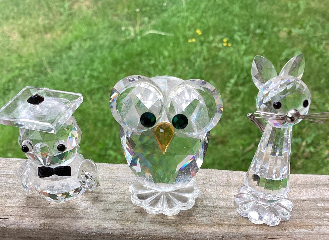 Vintage Miniature Crystal Glass Figurines Mini Swarovski Cat Owls ...