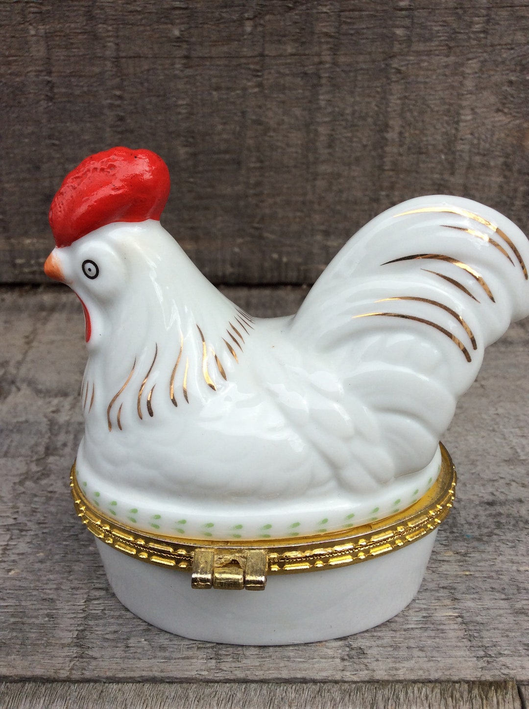 Vintage Trinket Box Case Nesting Hen White Chicken Hinged Treasure Case ...