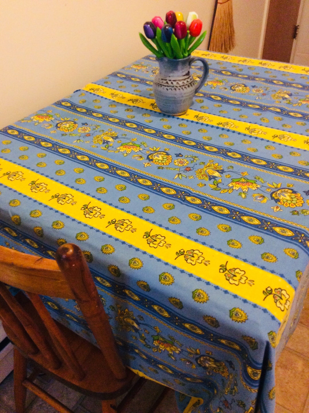Vintage Yellow and Blue Country Kitchen Farm Tablecloth for Easter ...