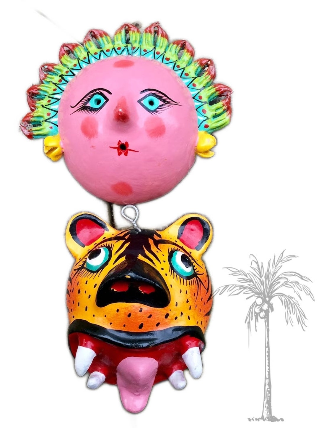 Vintage Hand Painted Coconut Shell Carnival Animal Face Tiger Face ...