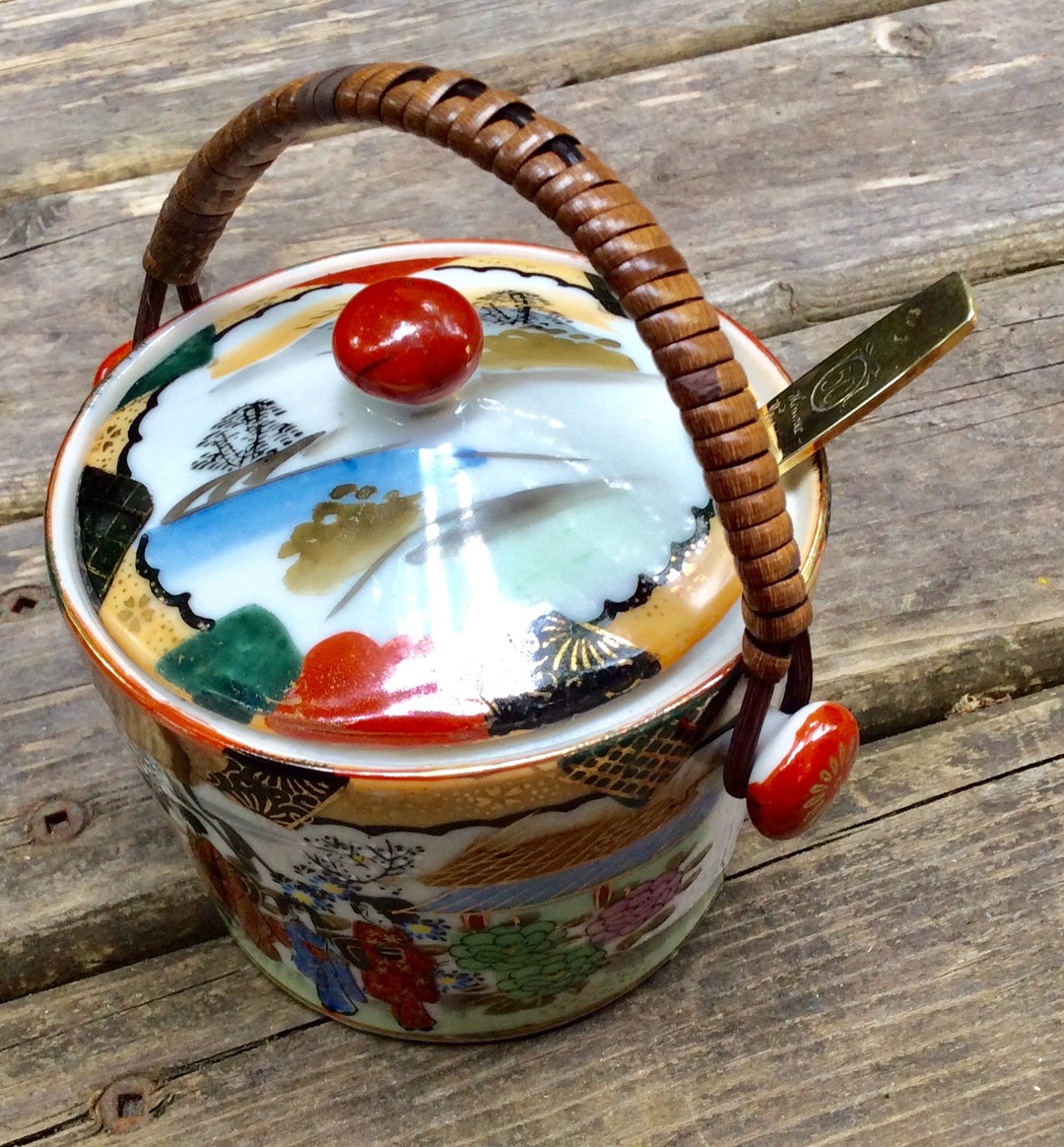 Vintage Rare Ginger Jar Sugar Bowls Bamboo Handle Geisha Kutani Style ...