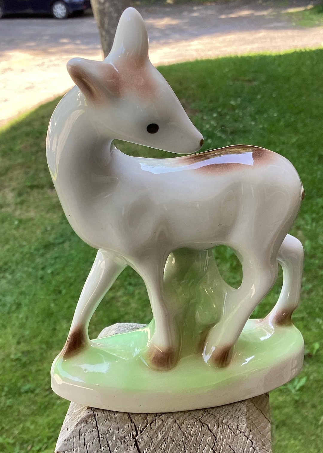 Vintage Pottery Fawn Figurine: White Green Glaze, Forest Home Christmas ...