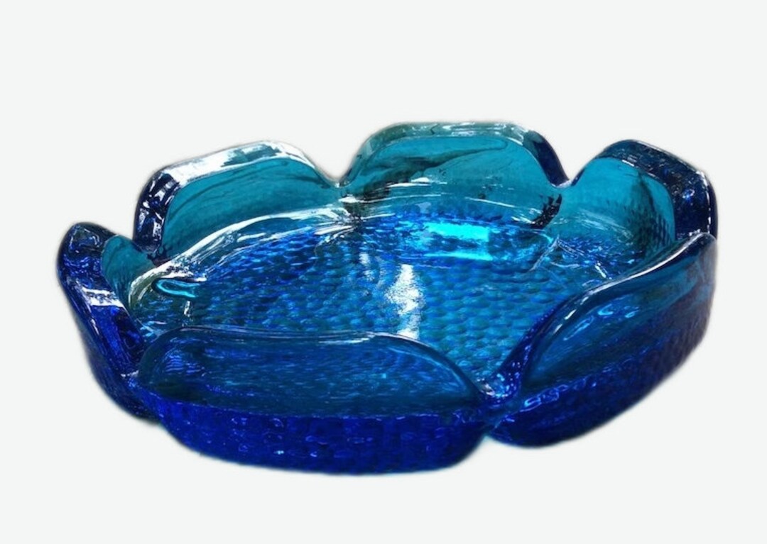 Vintage Blue Glass Blenko Ashtray, Maximalist Decor 60s 70s Smoking Den ...