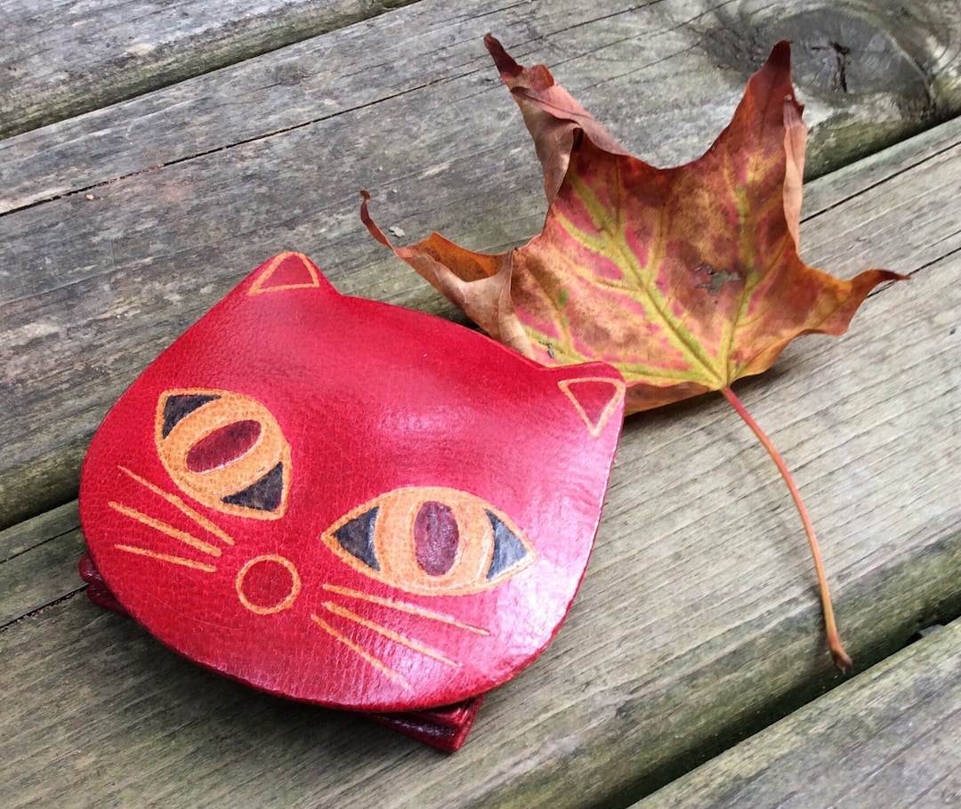 Vintage Small Red Leather Cat Face Change Coin Purse, Handmade Moccasin ...