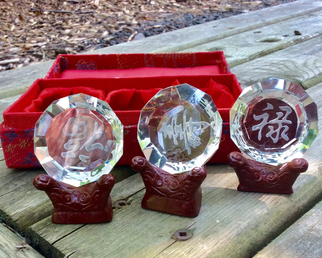 Vintage Asian Crystal Glass Medallions Set Lunar New Year Good Luck ...