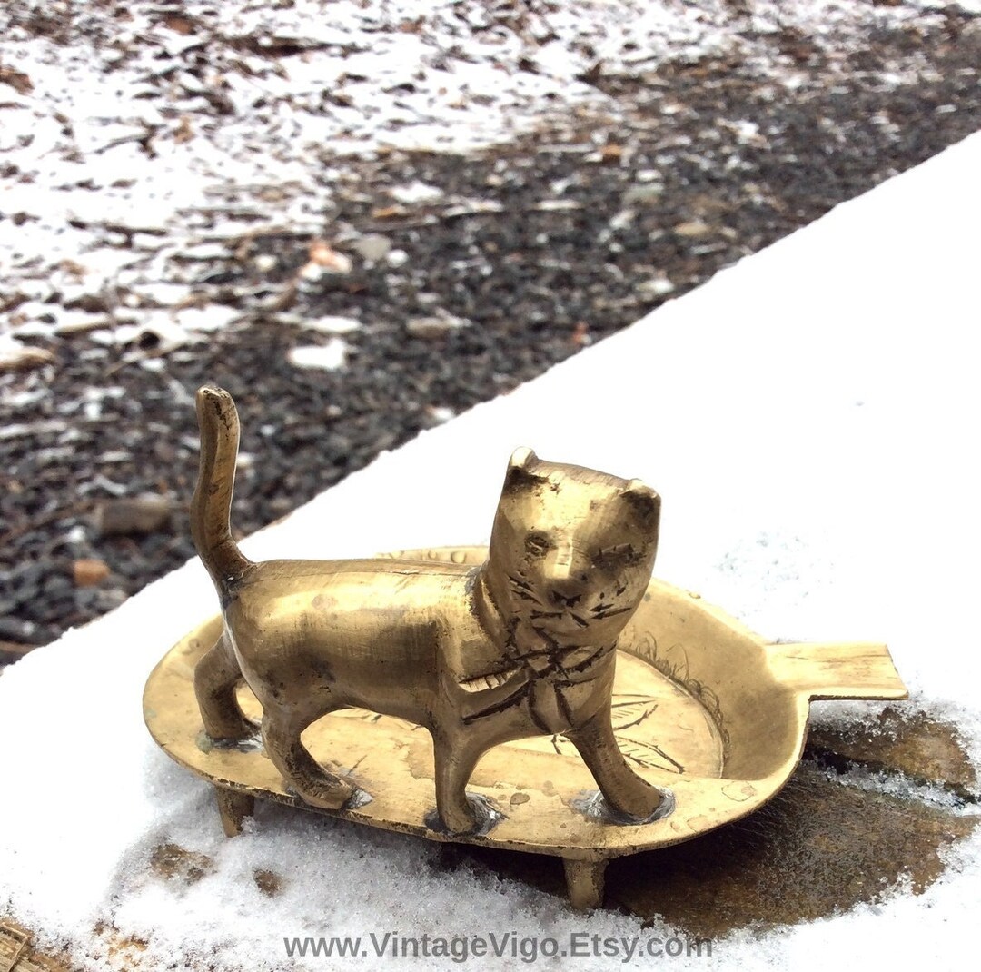 Vintage Brass Prowling Cat Ashtray, Retro Small Coin Tray Feral Feline ...