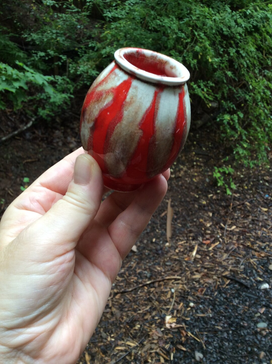 Vintage Pottery Mini Bud Vase Red Stripes Candy Cane Drip Glaze ...