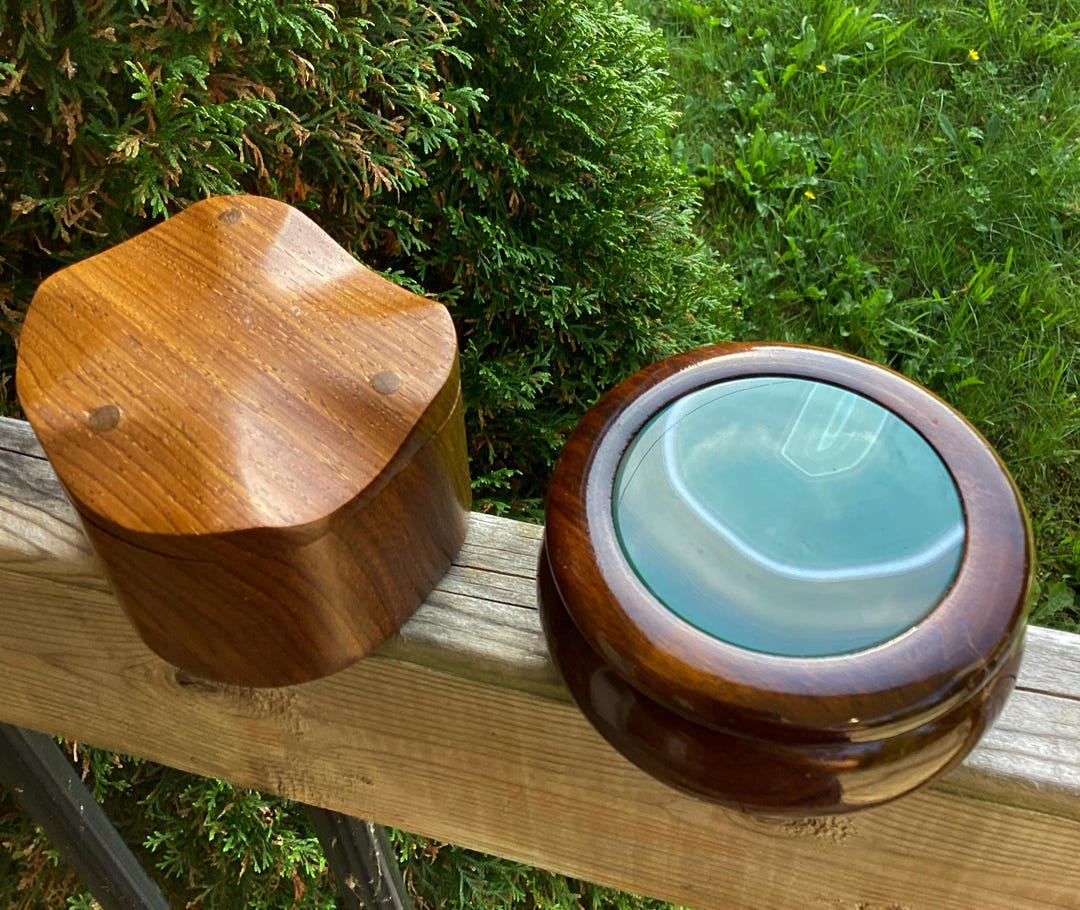Vintage Handmade Wooden Trinket Boxes Case Round Brown Lidded Keepsake ...