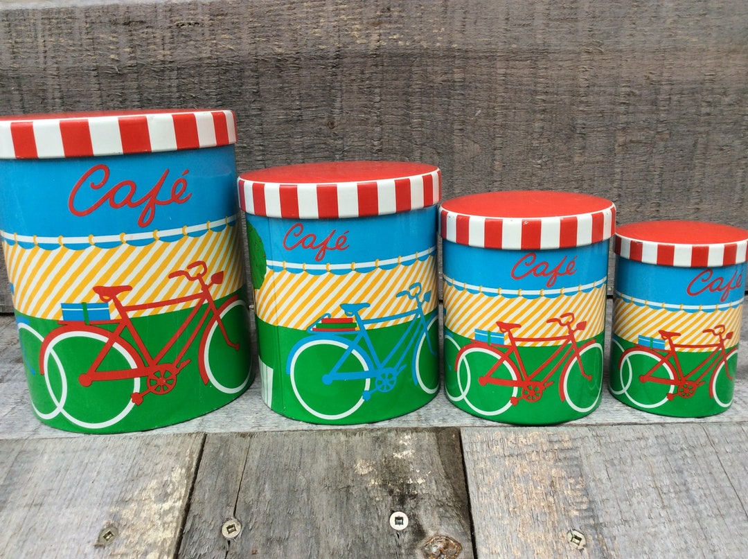 Vintage Canister Set, Retro Metal Stacking Tins, Retro Bicycle Nesting ...