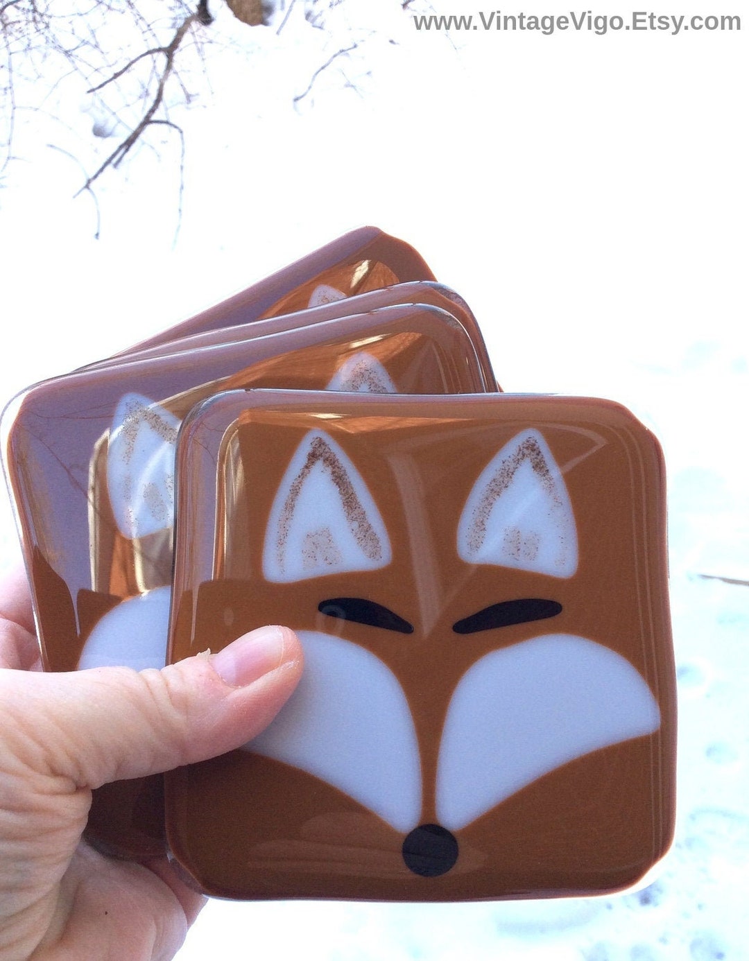Vintage Coasters Fused Glass Fox Drink Table Protectors Barware Retro ...