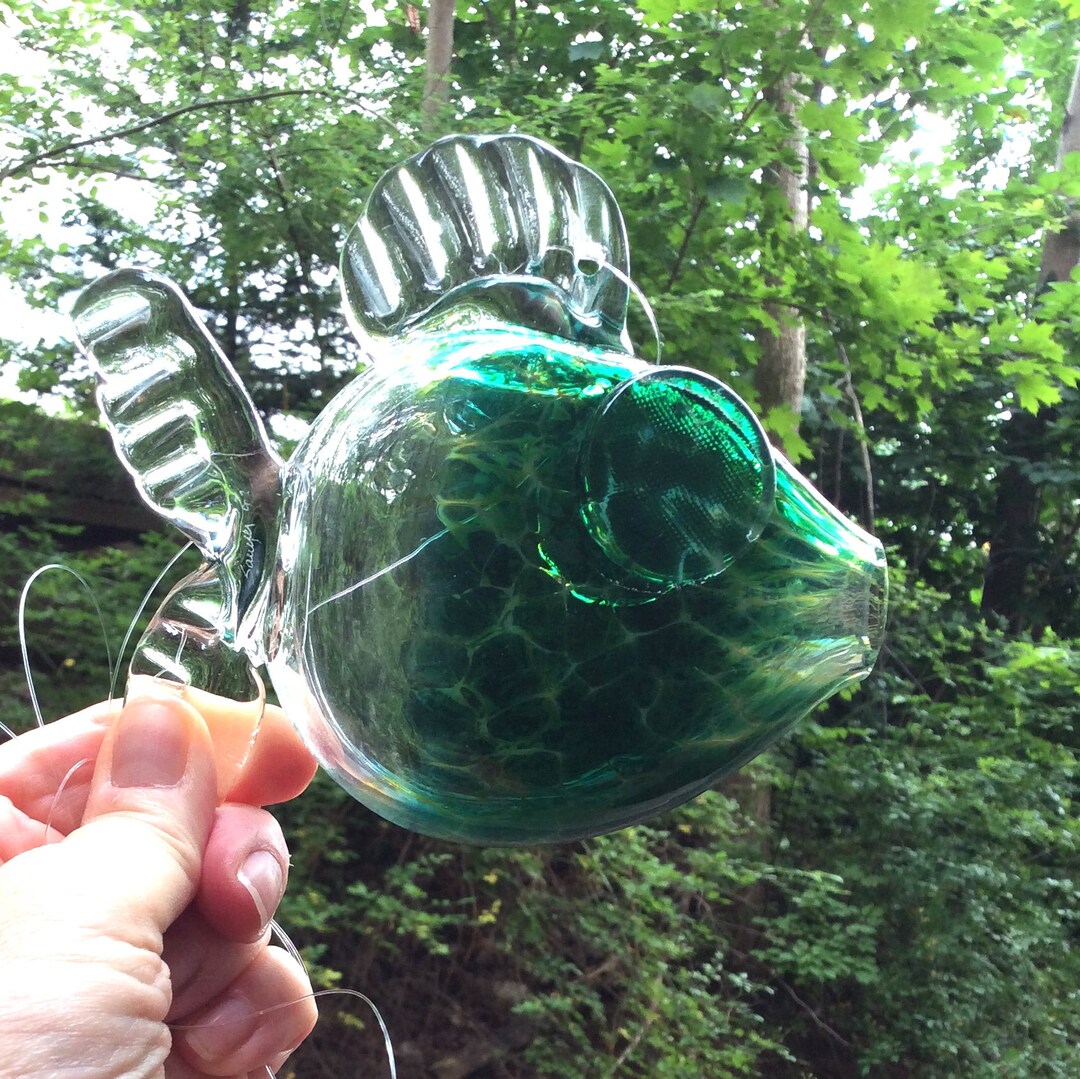 Vintage Blown Glass Fish Aquarian Hanging Planter Big Green Floating ...