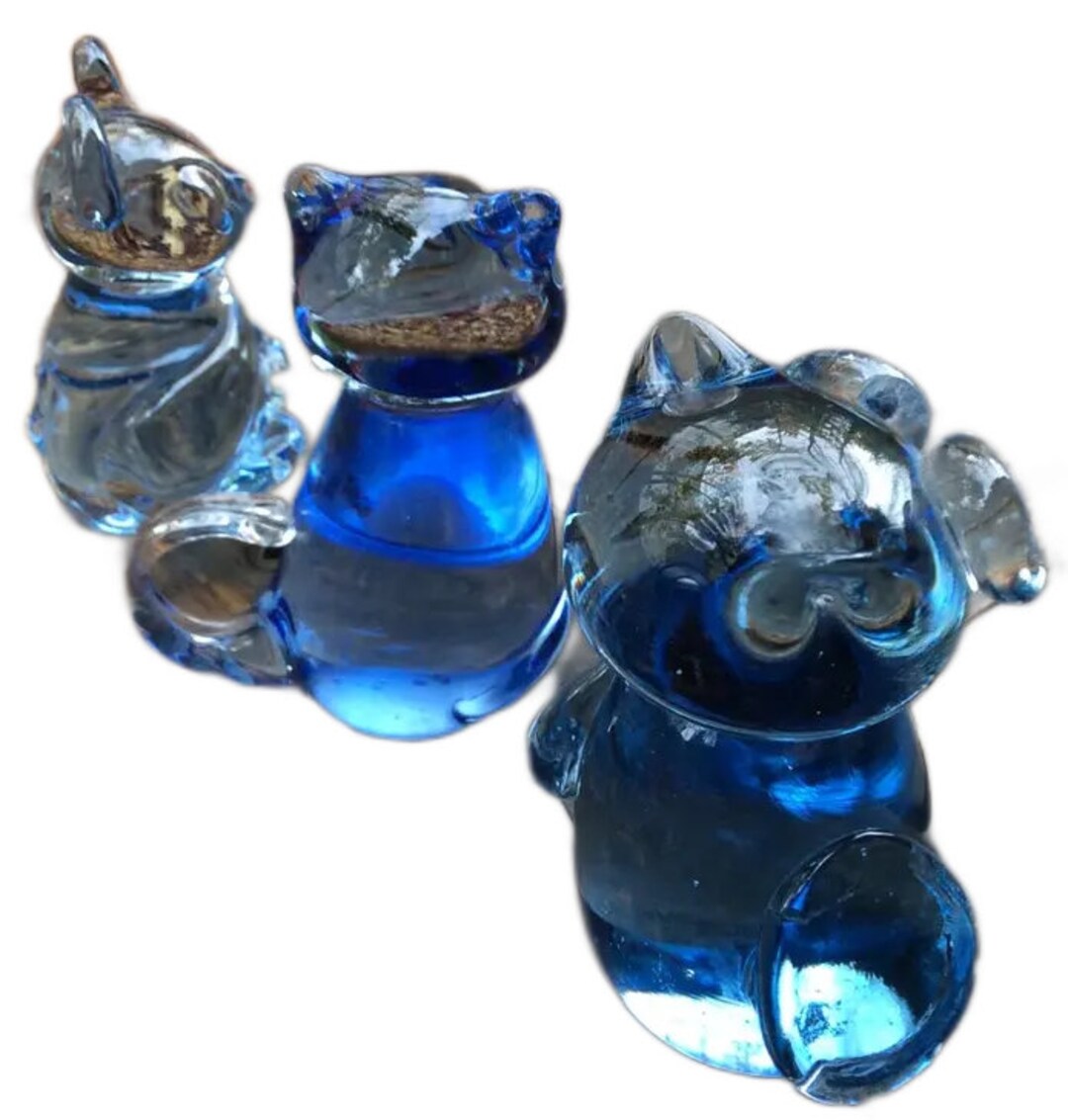 Vintage Blue Blown Glass Cat Figurines Paperweights Baby Mouse Animals ...