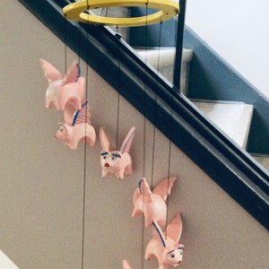 Vintage Hanging Mobiles Pink Pigs With Wings Lacquer Wooden Mobile When ...