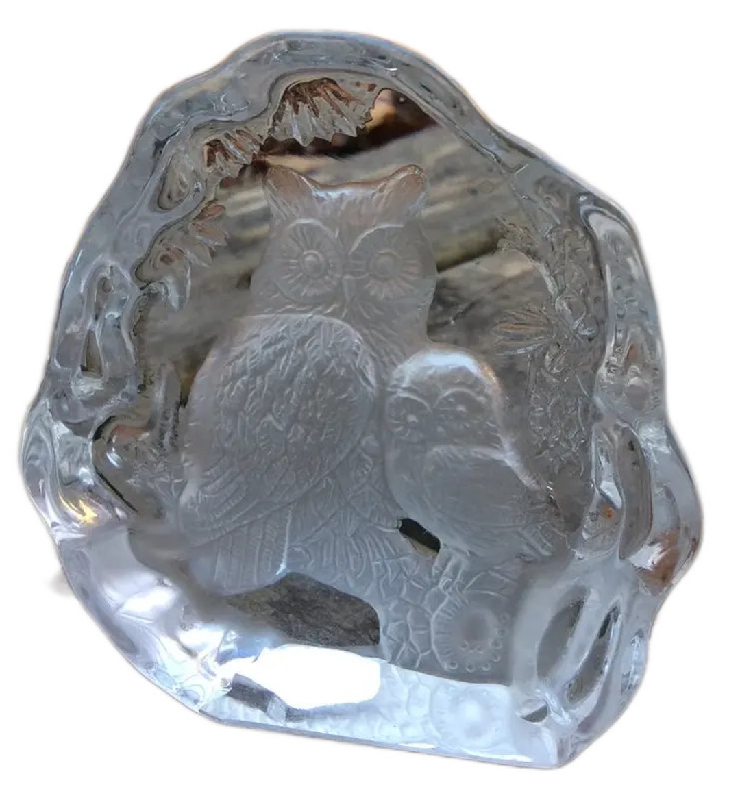 Vintage Glass Owl Etched Sculpted Ice Glass Paperweight, Inverse Carved ...