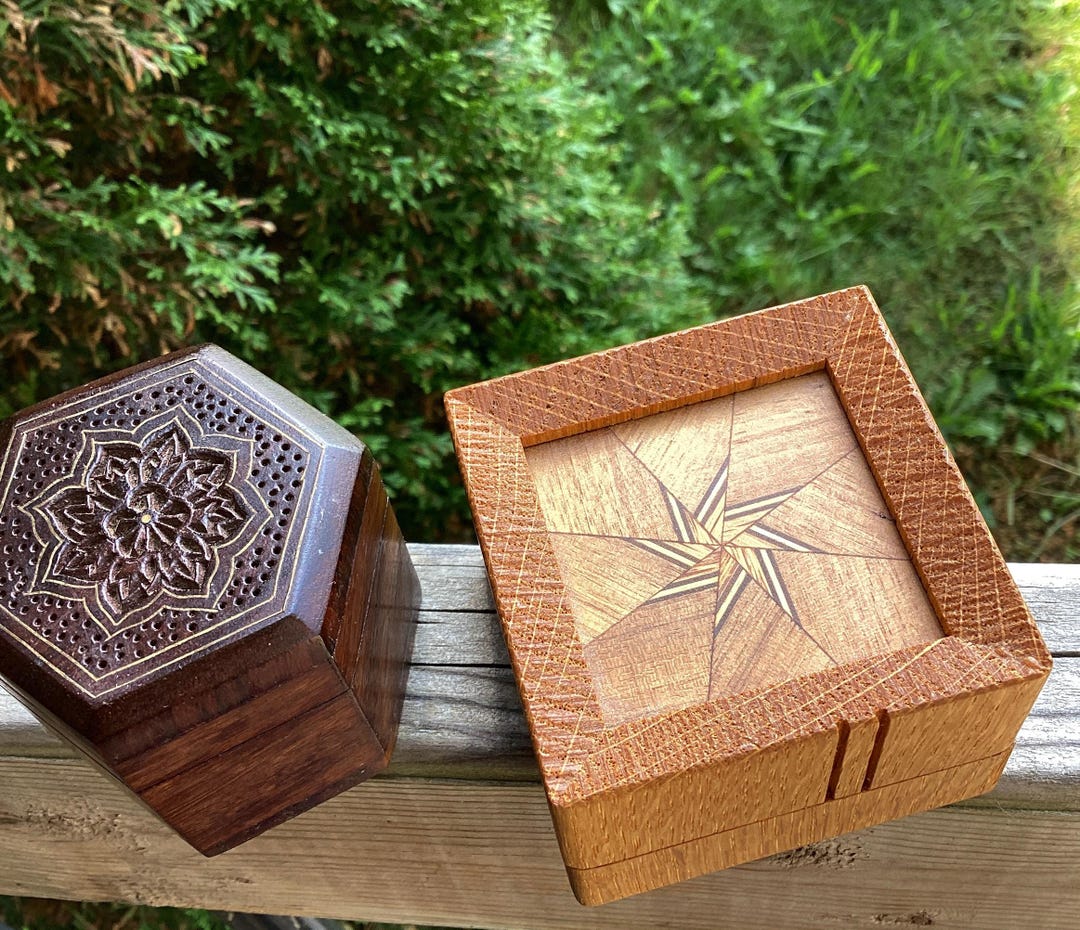 Vintage Trinket Case Pill Boxes Snuff Hexagon Pinwheel Lidded Carved ...