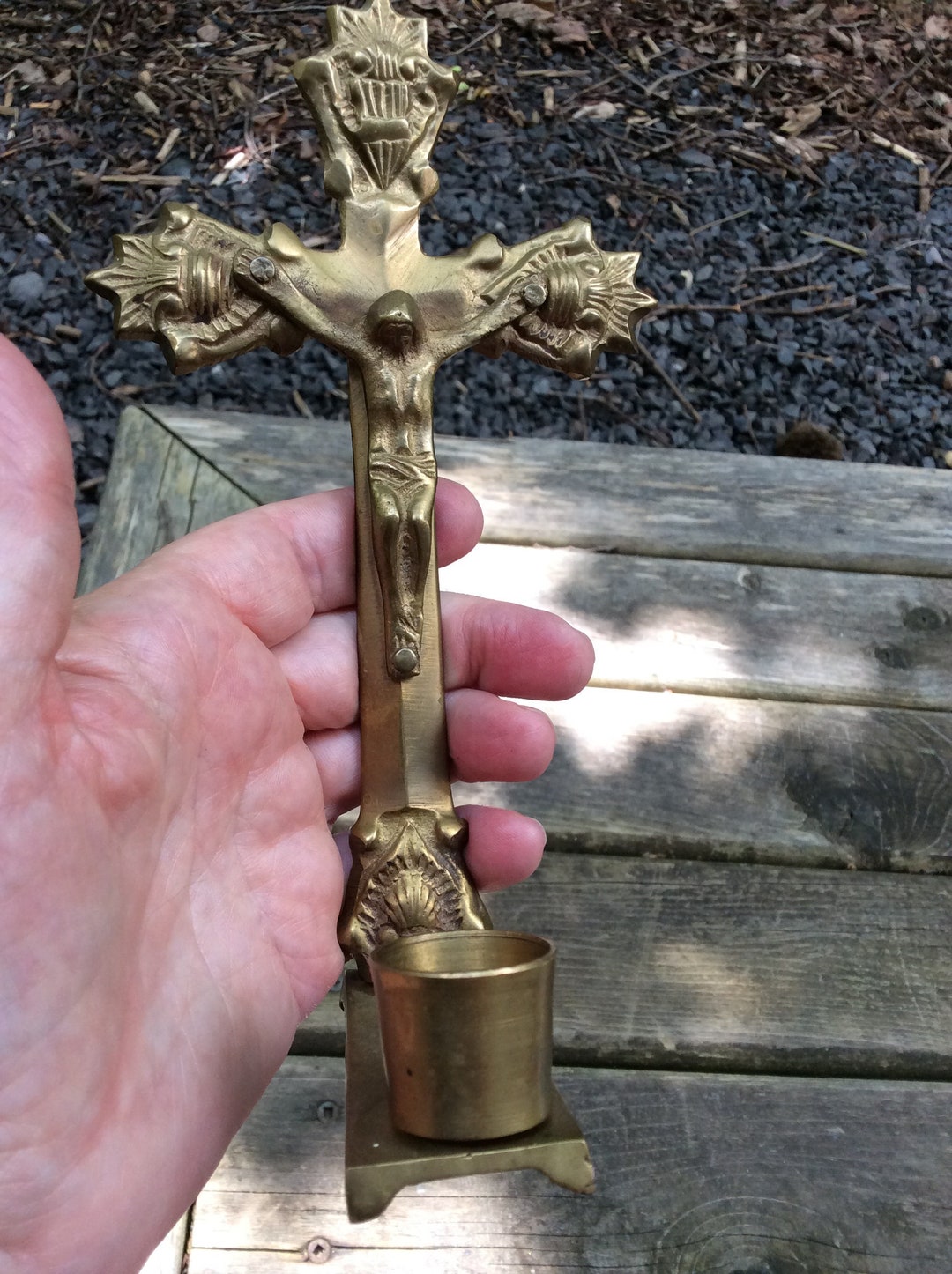 Vintage Ornate Brass Jesus on Cross Candle Stick Holder Hollywood ...
