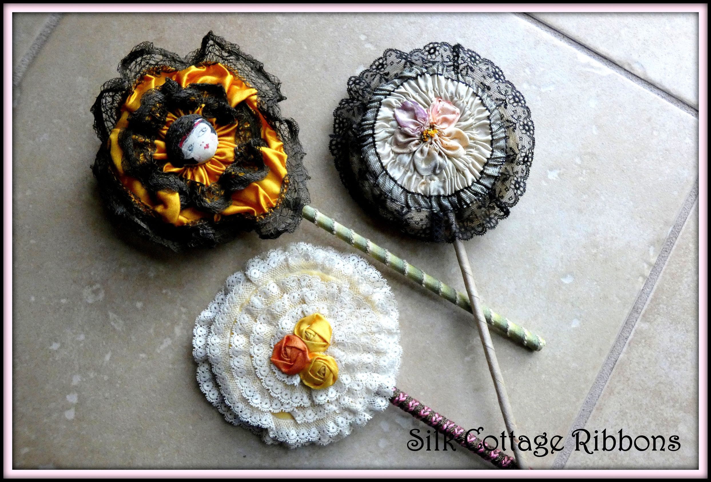 French Antique Lollipop Powder Puff Blace Chantilly Lace Silk Satin ...