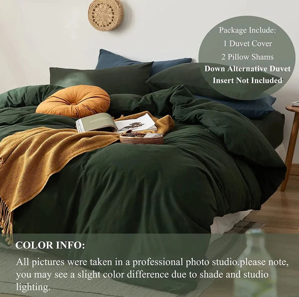 Forest Green Cotton Duvet Cover 3 Pieces Set Washed Cotton Duvet Cover ...