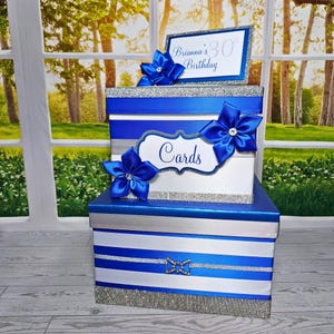 Customizable Birthday Party Card Box, Royal Blue, Silver, White, Any ...
