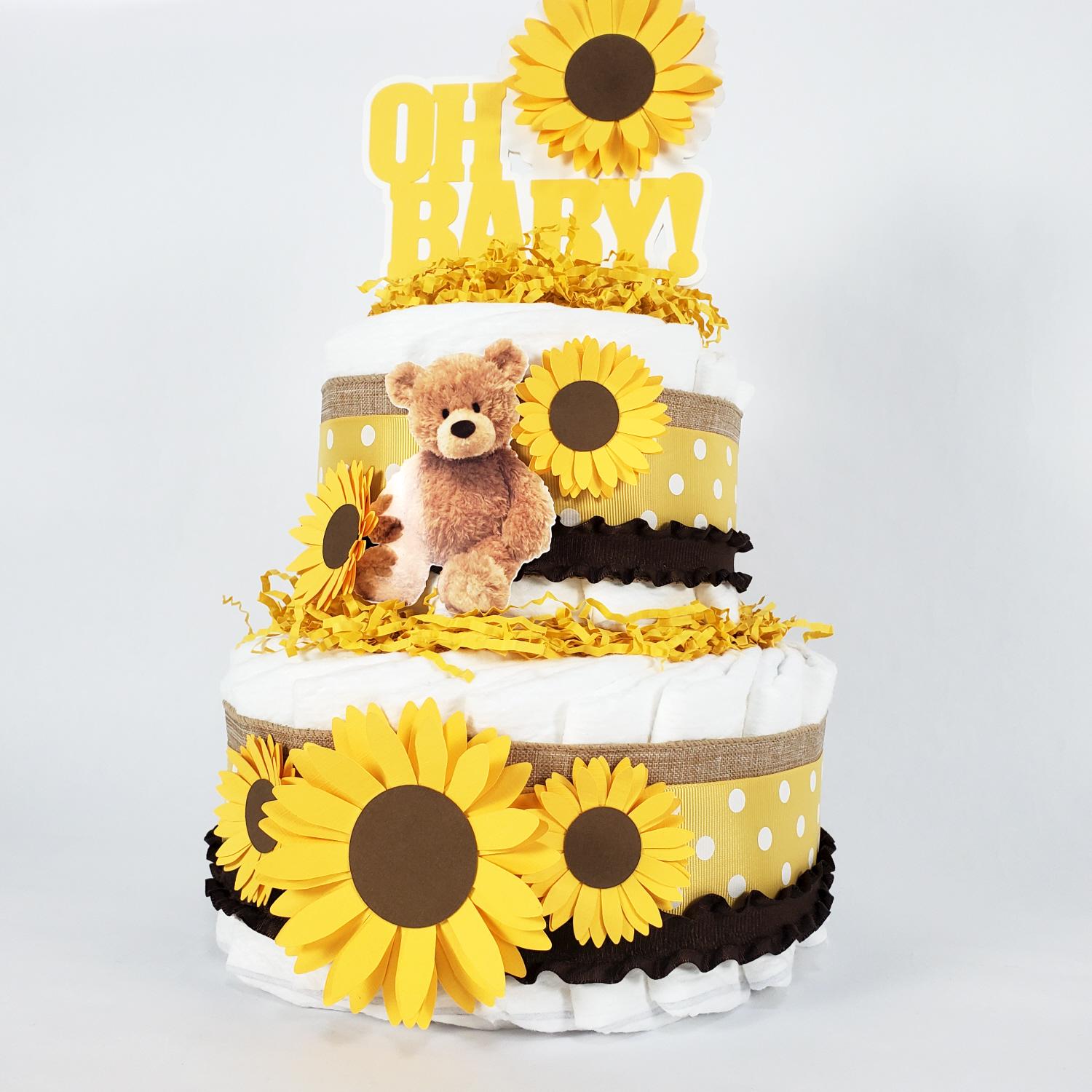 Gender Neutral Diaper Cake Centerpiece With Sunflowers and Teddy Bear ...