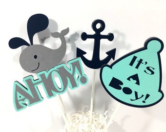 Nautical Whale Anchor Centerpiece Picks Ahoy It's A Boy Baby Shower ...