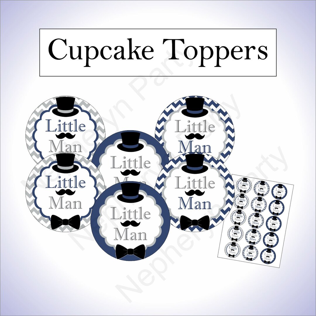 Printable Navy, Gray, and Black Little Man Cupcake Toppers for Baby ...