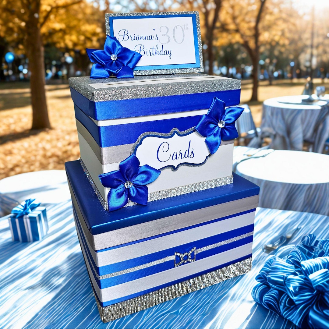 Customizable Birthday Party Card Box, Royal Blue, Silver, White, Any ...