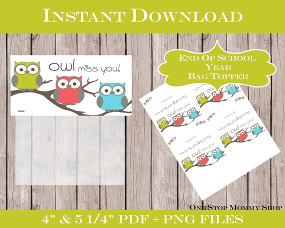 Owl Miss You Printable Bag Topper Print at Home Last Day | Etsy
