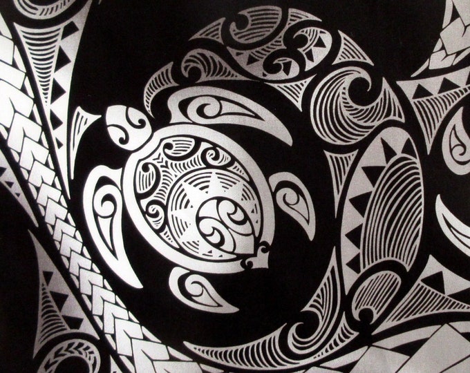Turtle Fabric, Hawaiian Honu Sea Turtle Swirl in Black Polynesian Tapa ...