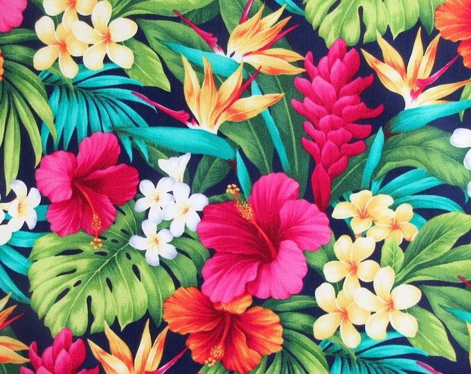 Hawaiian Fabric, Paradise Island Floral on Navy, by the Half or Full ...