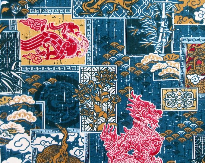 Dragon Fabric, Asian Lion and Dragon Block Print in Blue, Last One Yard ...