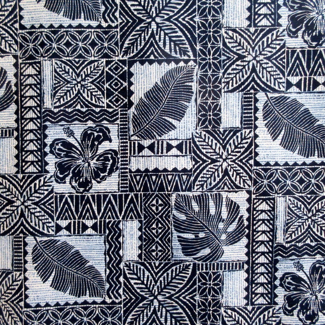 Hawaiian Fabric, Polynesian Leaf Block Prints in Blue, Last 24 Inches ...