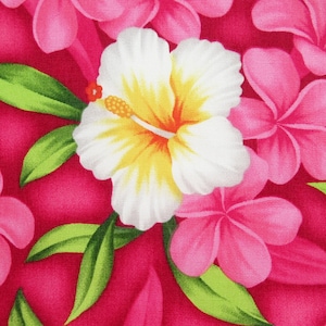 Fabric, Aloha Island Floral in Deep Pink, Tropical Hawaiian, by the ...
